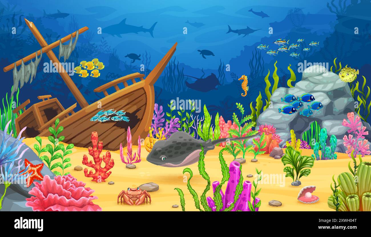 Sea underwater game landscape with sunken ship and stingray. Cartoon ...