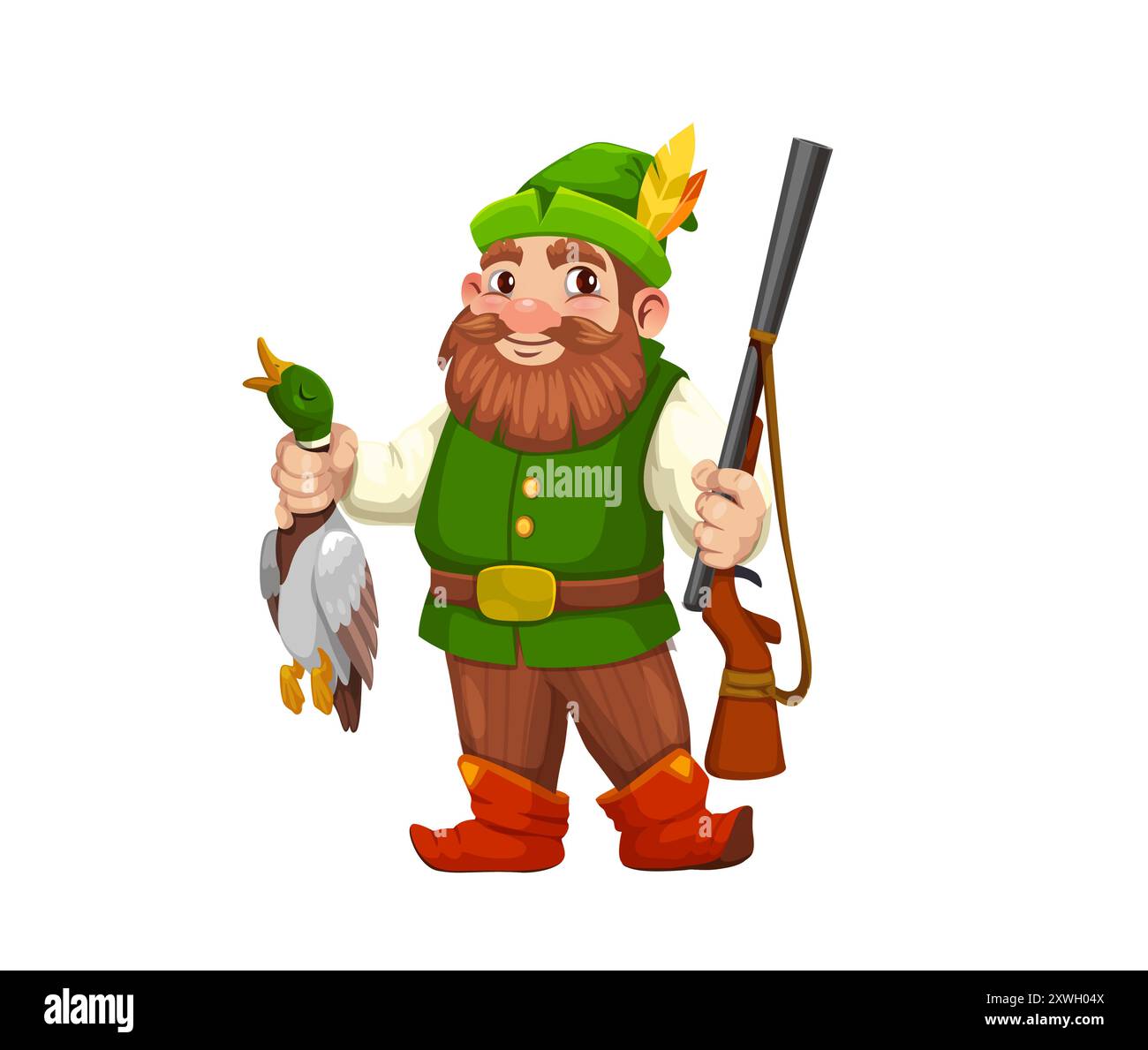 Gnome dwarf hunter character with gun and duck, vector cartoon fairy ...