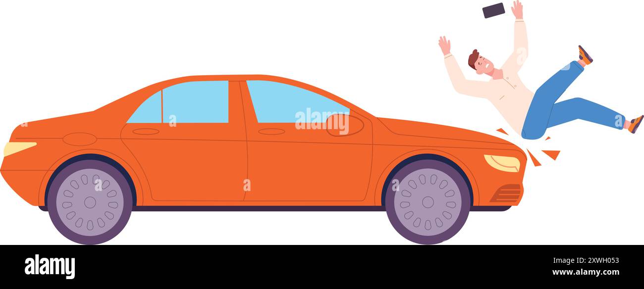 Car hit man. Road incident with person damage isolated on white ...