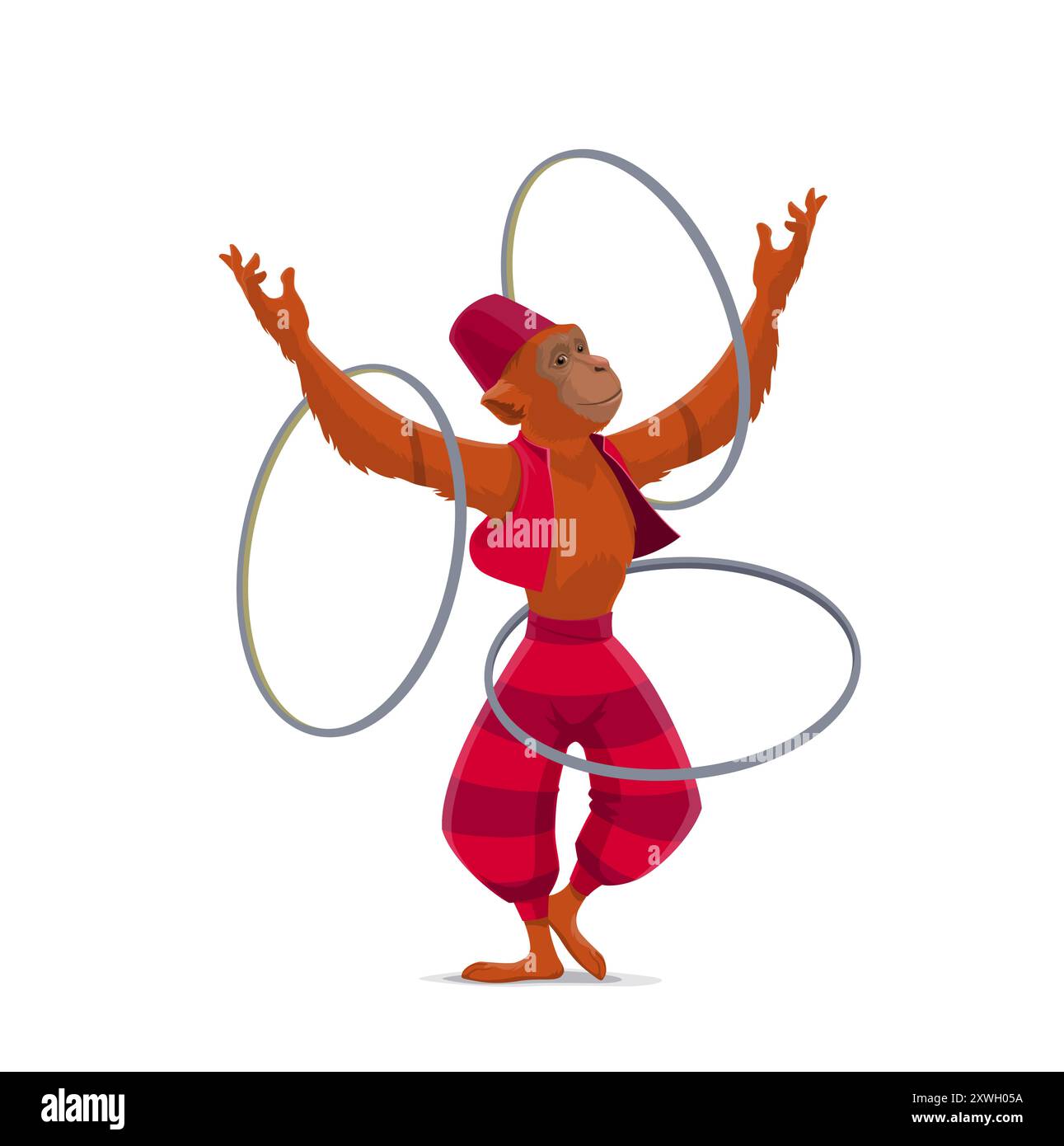 Circus monkey juggler character with rings on funfair carnival, cartoon vector. Circus performer ...