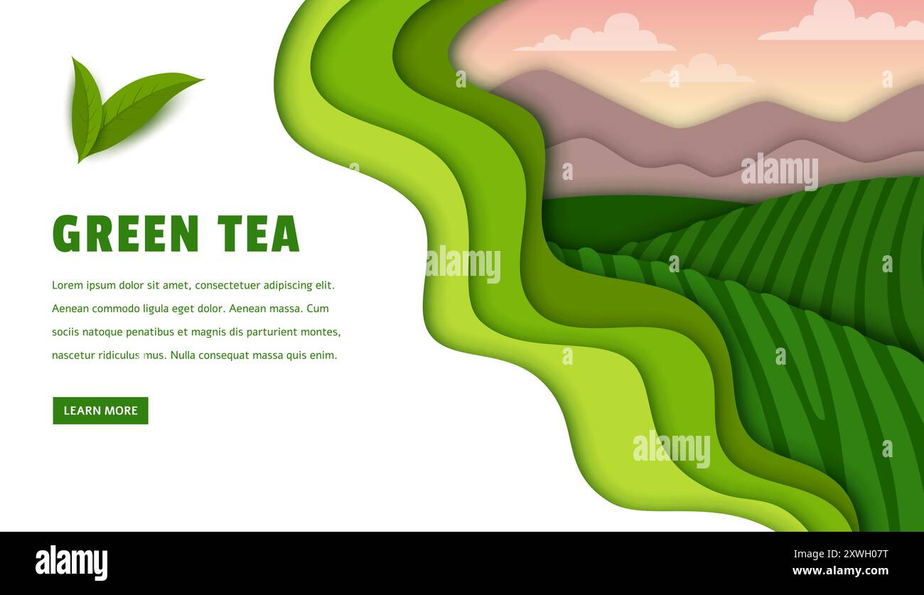 Paper cut tea plantation landing page vector template. Tea green leaves ...