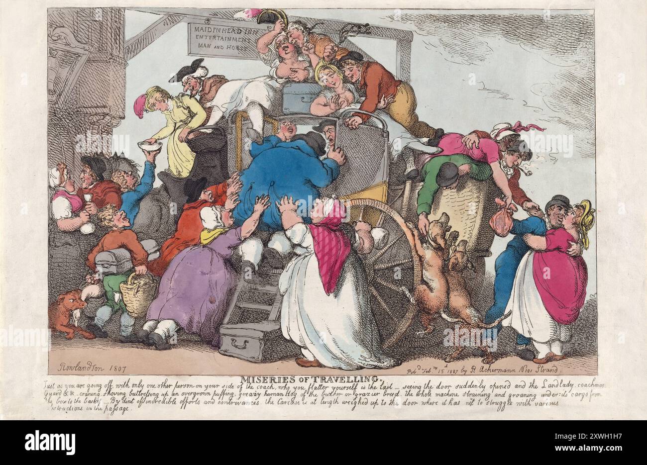A humorous cartoon print coloured engraving of The miseries of ...