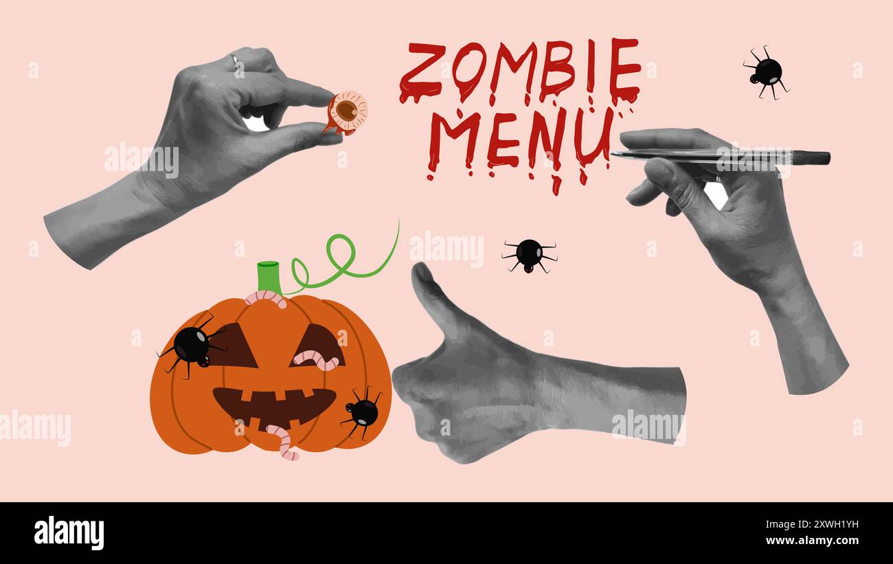 Halloween halftone collage set hands. Cut paper. Hand gestures. Zombie ...