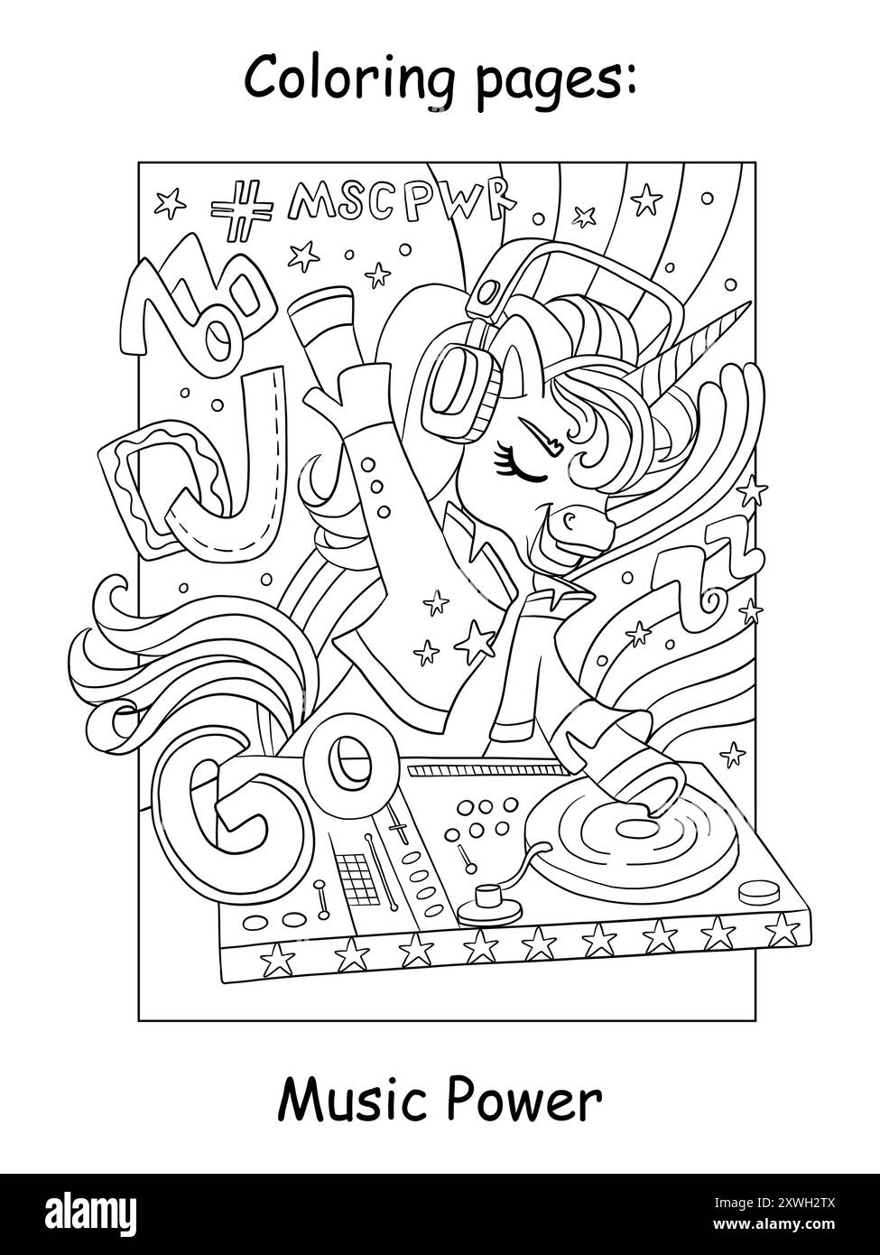 Cute rock music DJ unicorn kids coloring vector illustration Stock ...