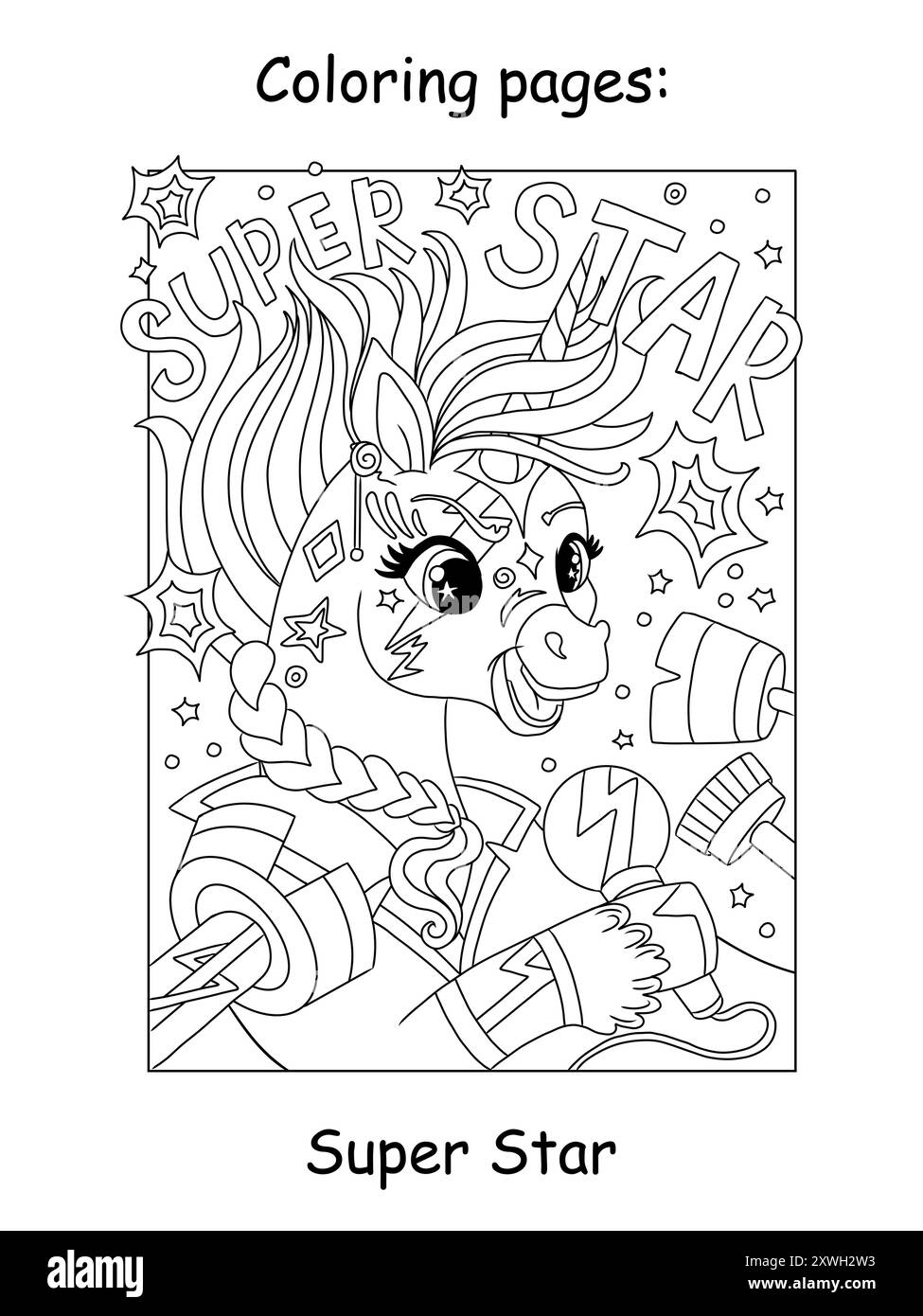 Cute rock music unicorn children coloring vector illustration Stock ...