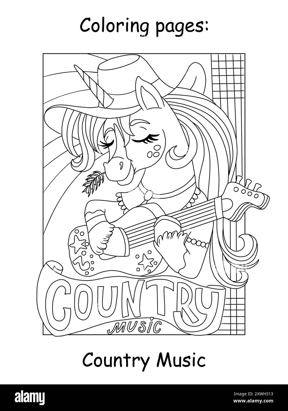 Cute country music unicorn kids coloring vector illustration Stock ...