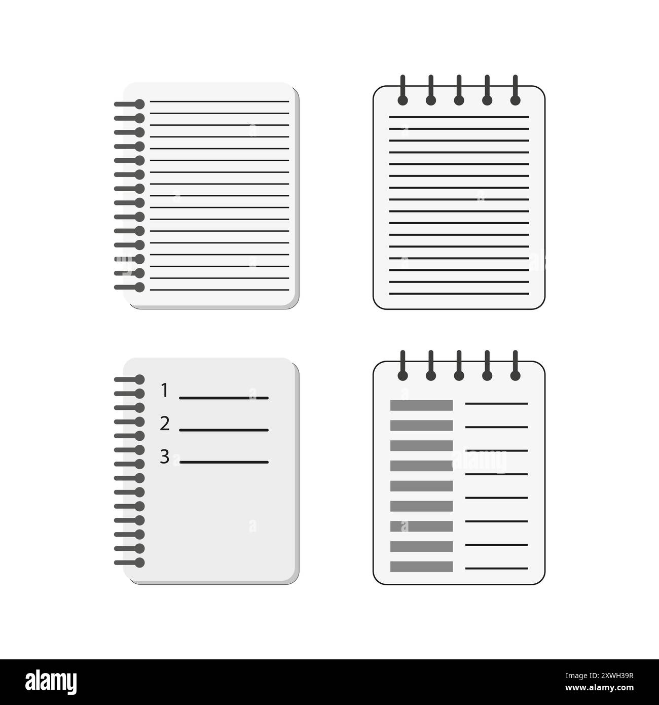 Notebook icons set. Vector illustrations. Spiral bound pages. Organized ...