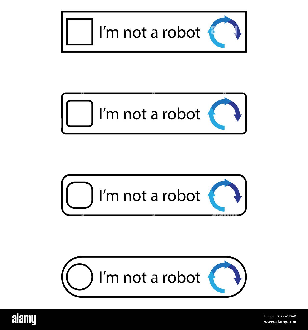 Captcha verification icons. I am not a robot text. Blue arrow symbol ...