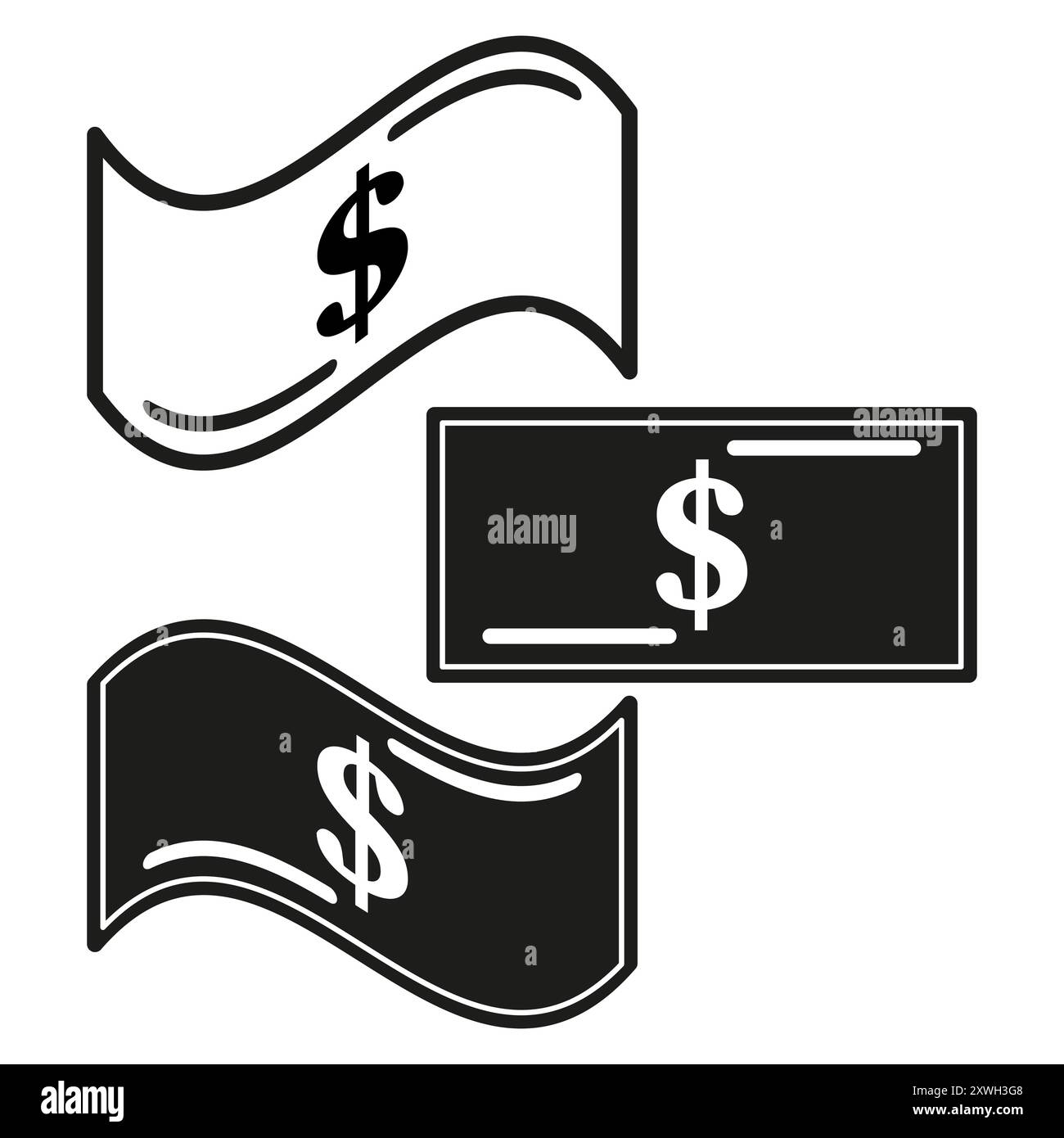 Dollar bill icons. Black and white design. Vector currency symbols ...