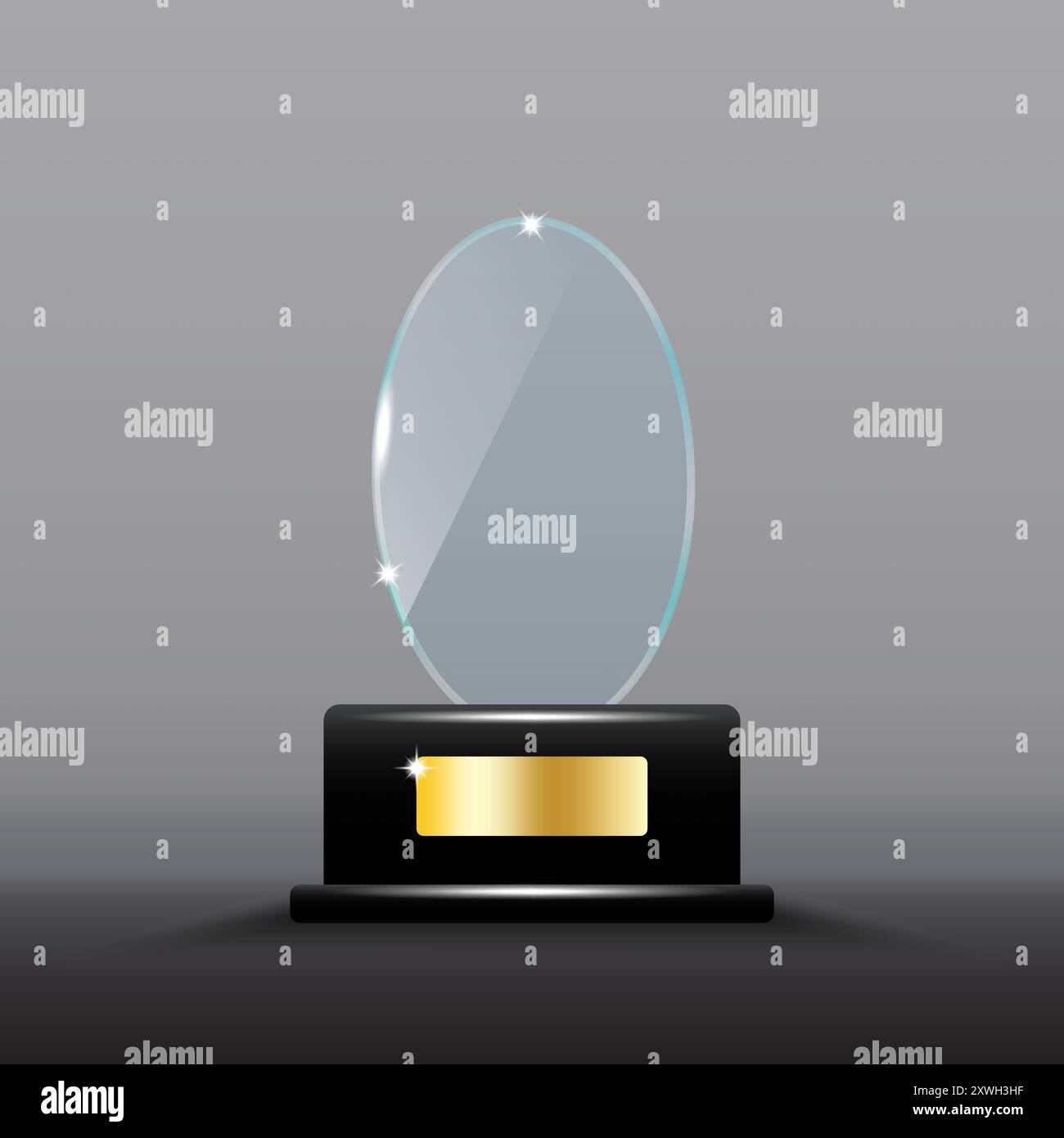 Glass trophy award. Oval crystal shape. Black base with gold plate ...
