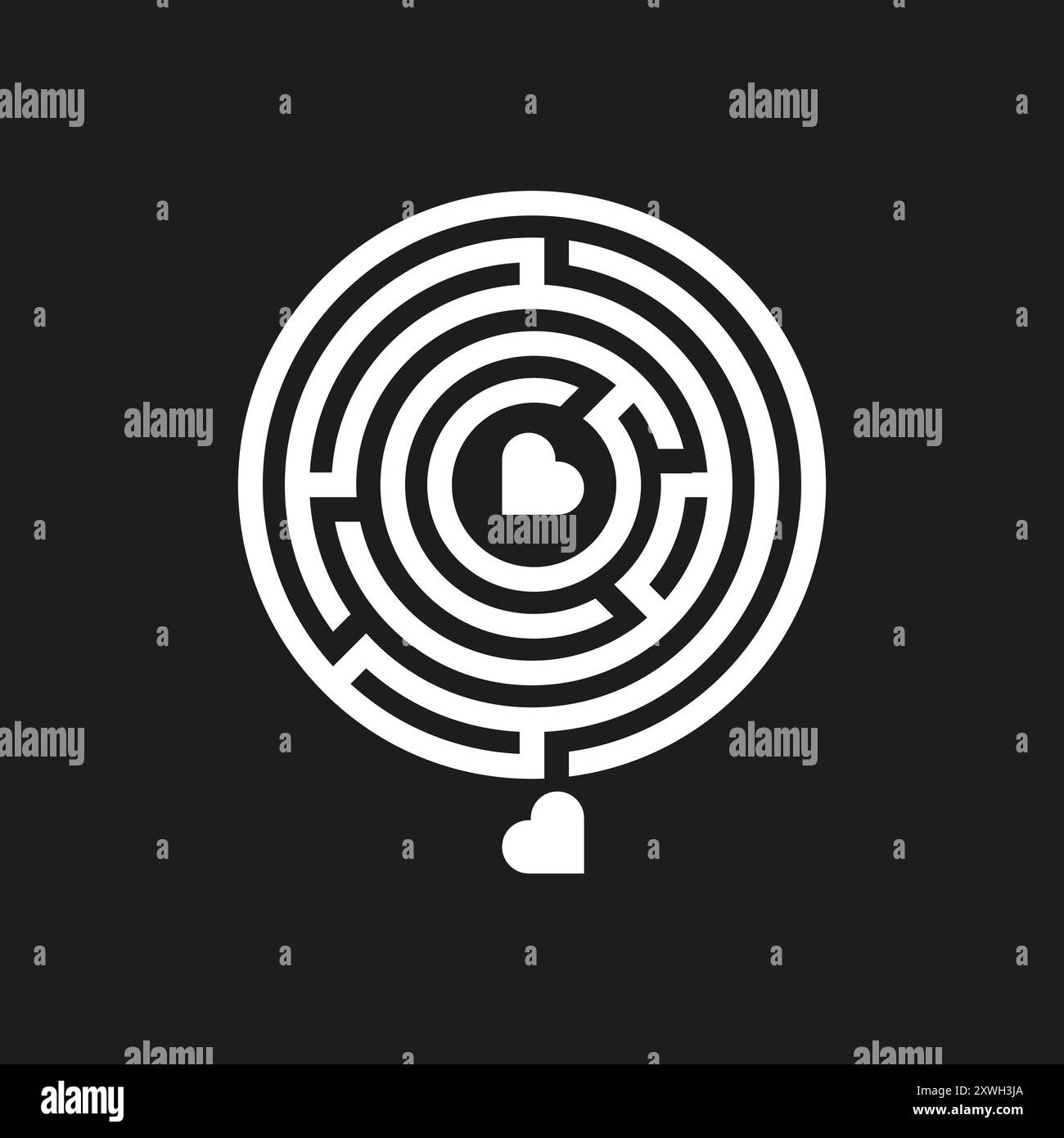 Heart maze icon. Circular labyrinth symbol. Black background vector ...