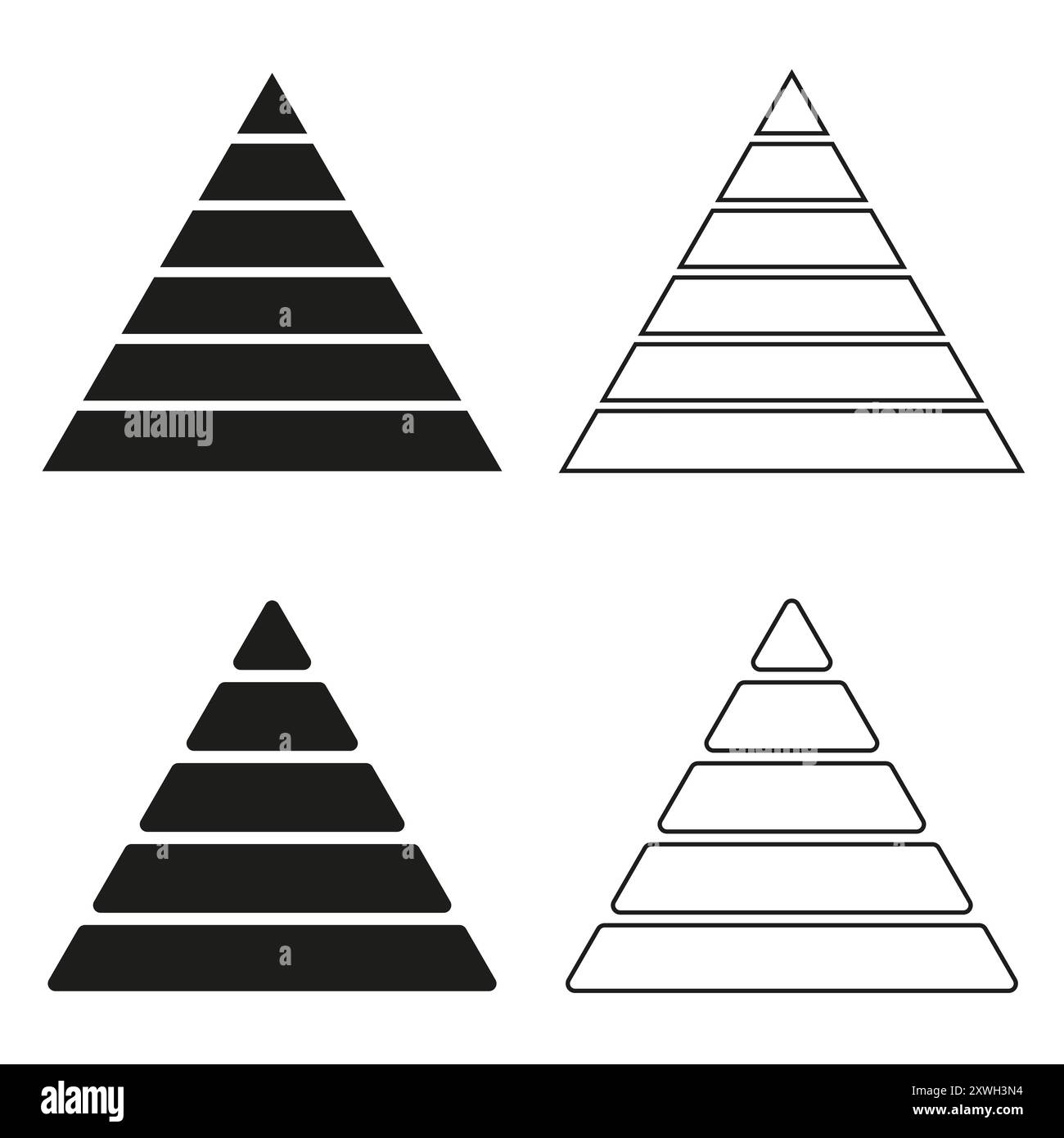 Pyramid chart vector set. Layered hierarchical shapes. Black and white ...