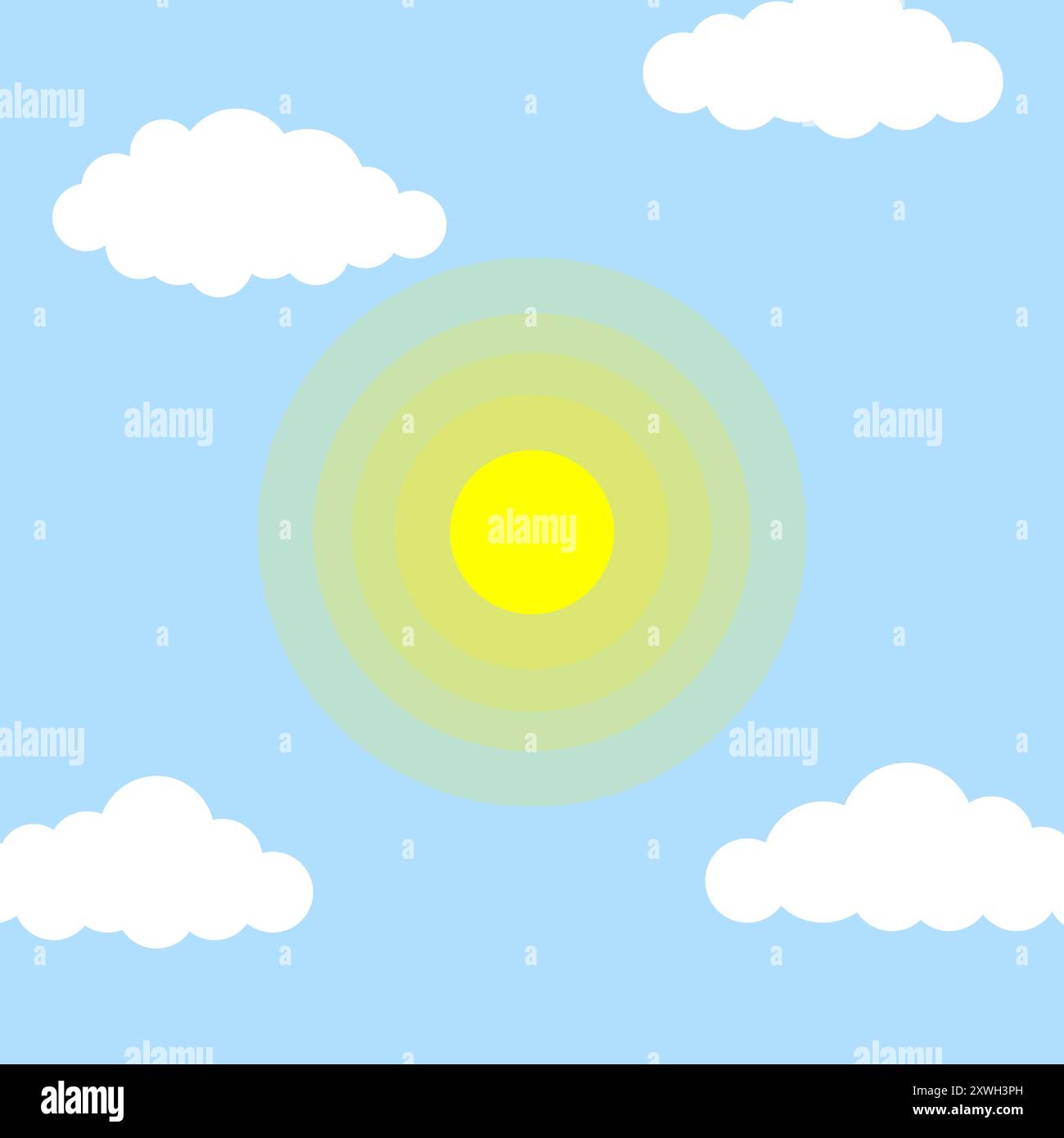 Yellow sun illustration. White clouds scattered. Blue sky background ...
