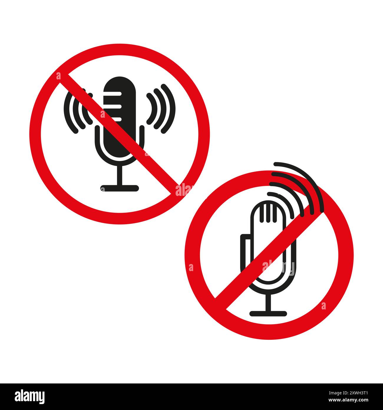 No microphone icon. Red prohibition circle. Sound waves blocked. Vector ...