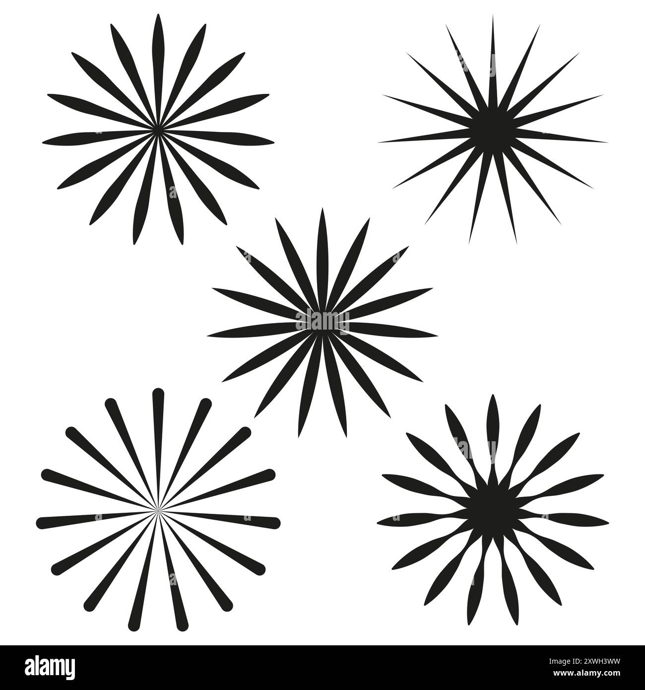 Abstract starburst patterns. Black radial shapes. Geometric vector design. Dynamic elements ...