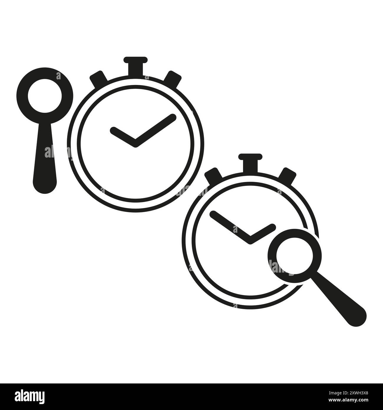 Stopwatch icon with magnifying glass. Time analysis symbol. Clock and ...