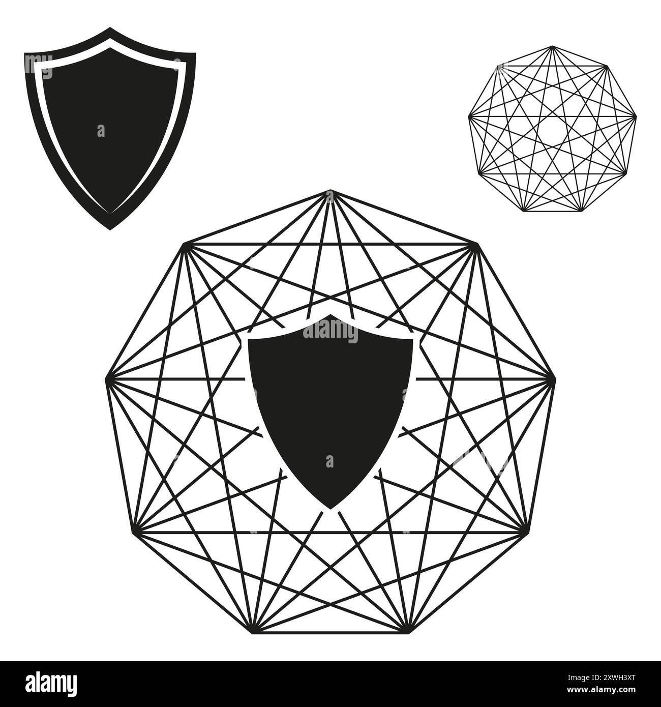 Geometric shield icon. Network security symbol. Black and white. Vector ...