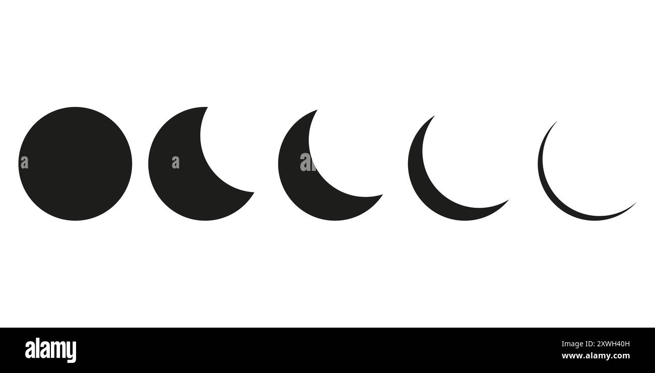 Moon phase icons. Five simple shapes. Black crescent design. Lunar ...