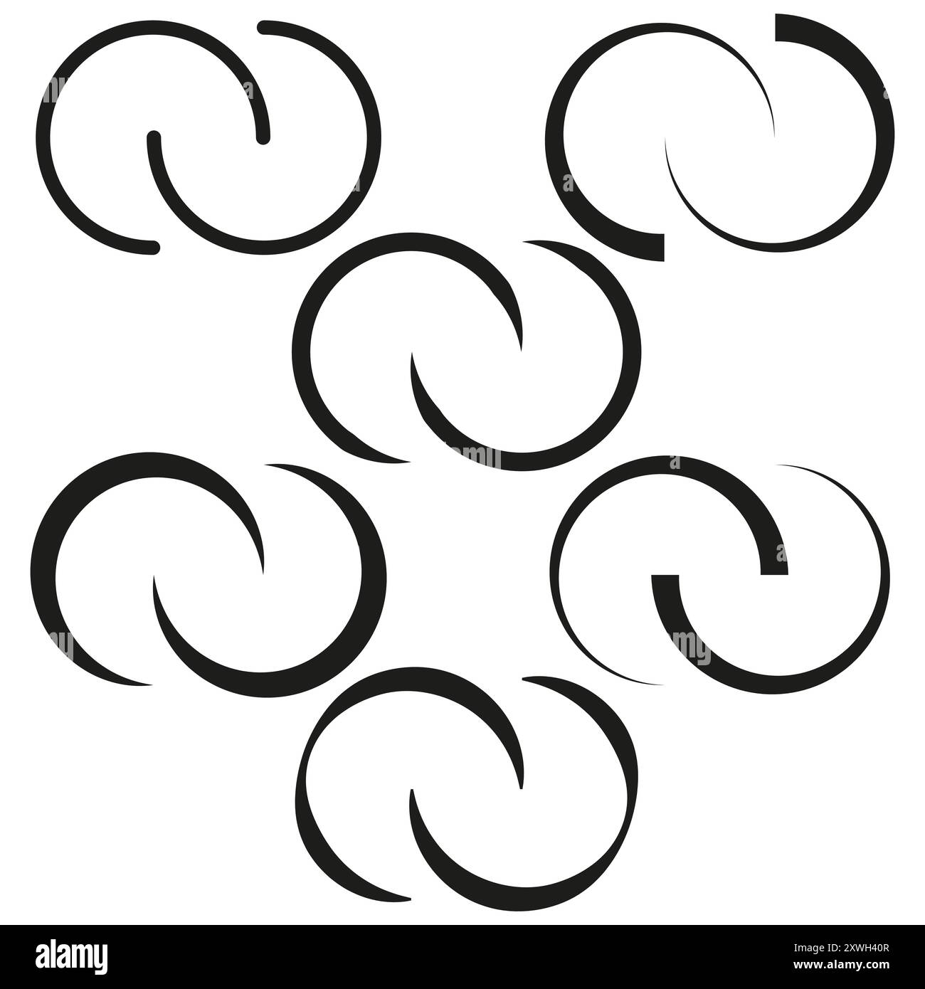 Abstract circular icons. Rotational loop shapes. Black swirl elements. Vector geometric symbols ...