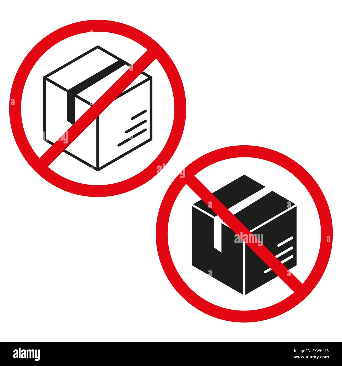 Parcel box warning. No package icon. Red prohibited symbol. Vector ...