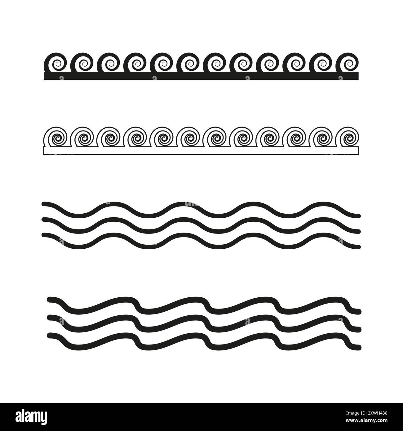 Ornamental wave borders. Spiral and curved lines. Black and white ...
