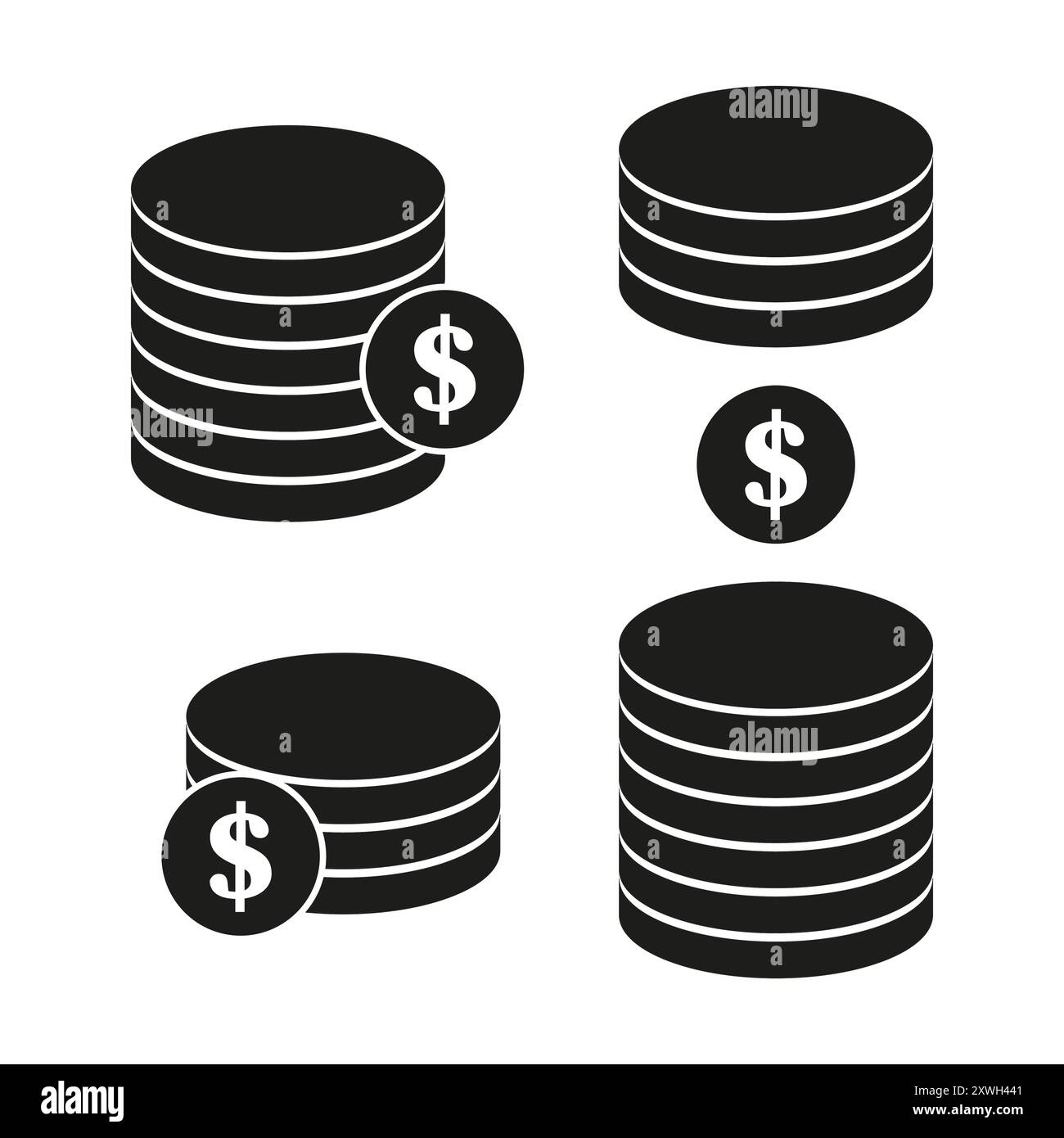 Money stack icons. Dollar sign focus. Multiple coin piles. Financial ...