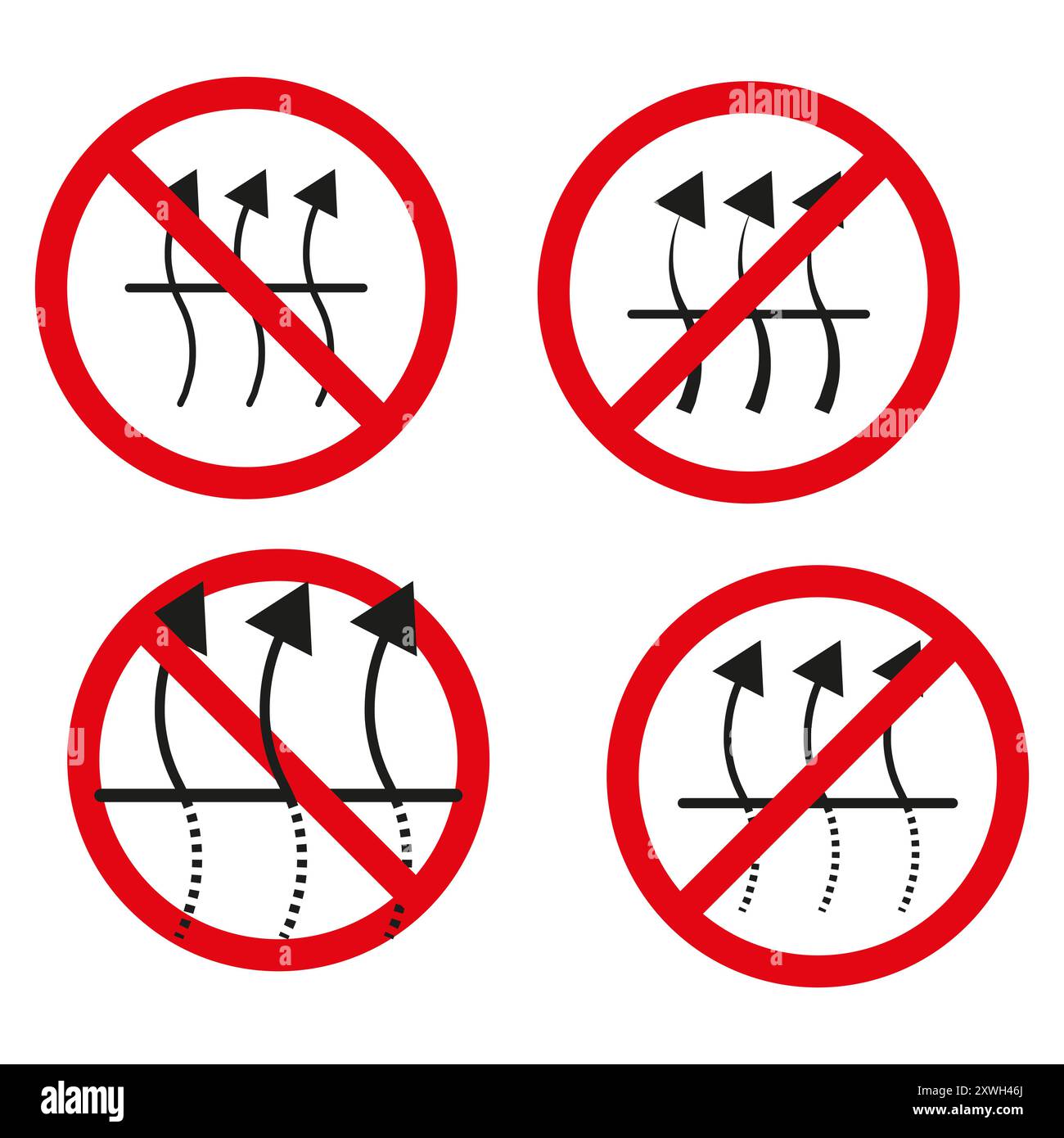 Airflow prohibition icons. Curved arrows blocked. Red and black design ...