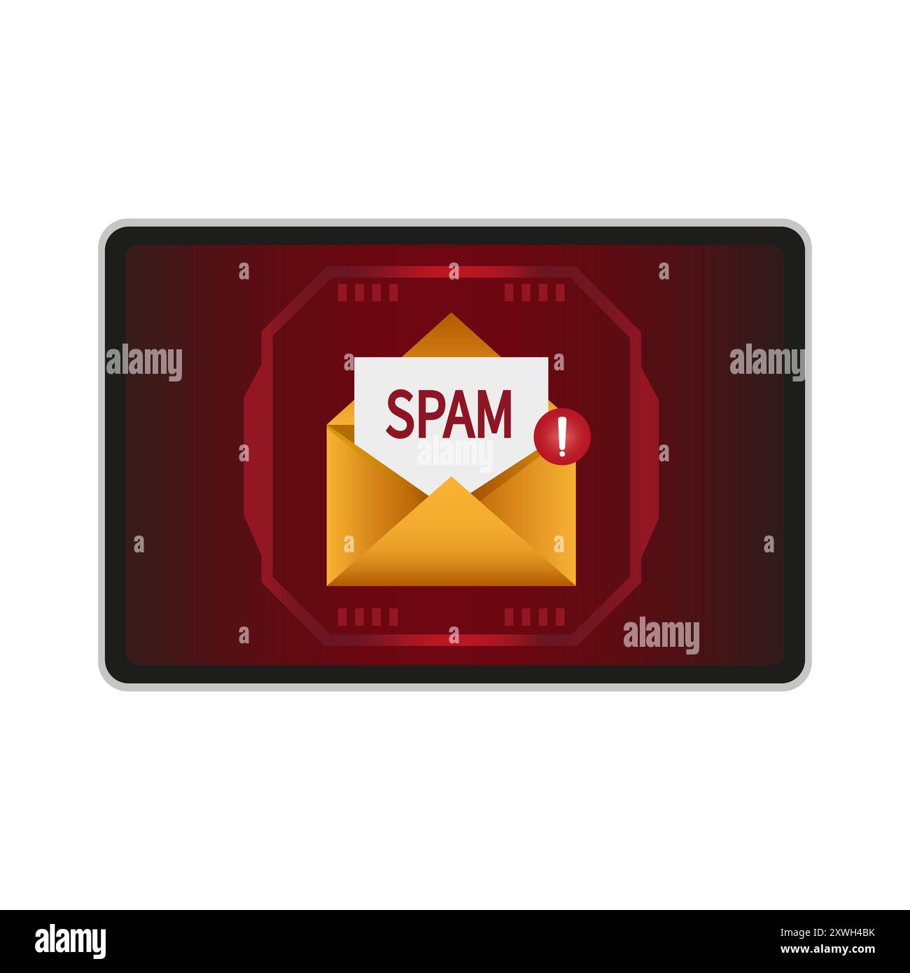 Spam alert icon. Yellow envelope focus. Red background warning. Vector ...
