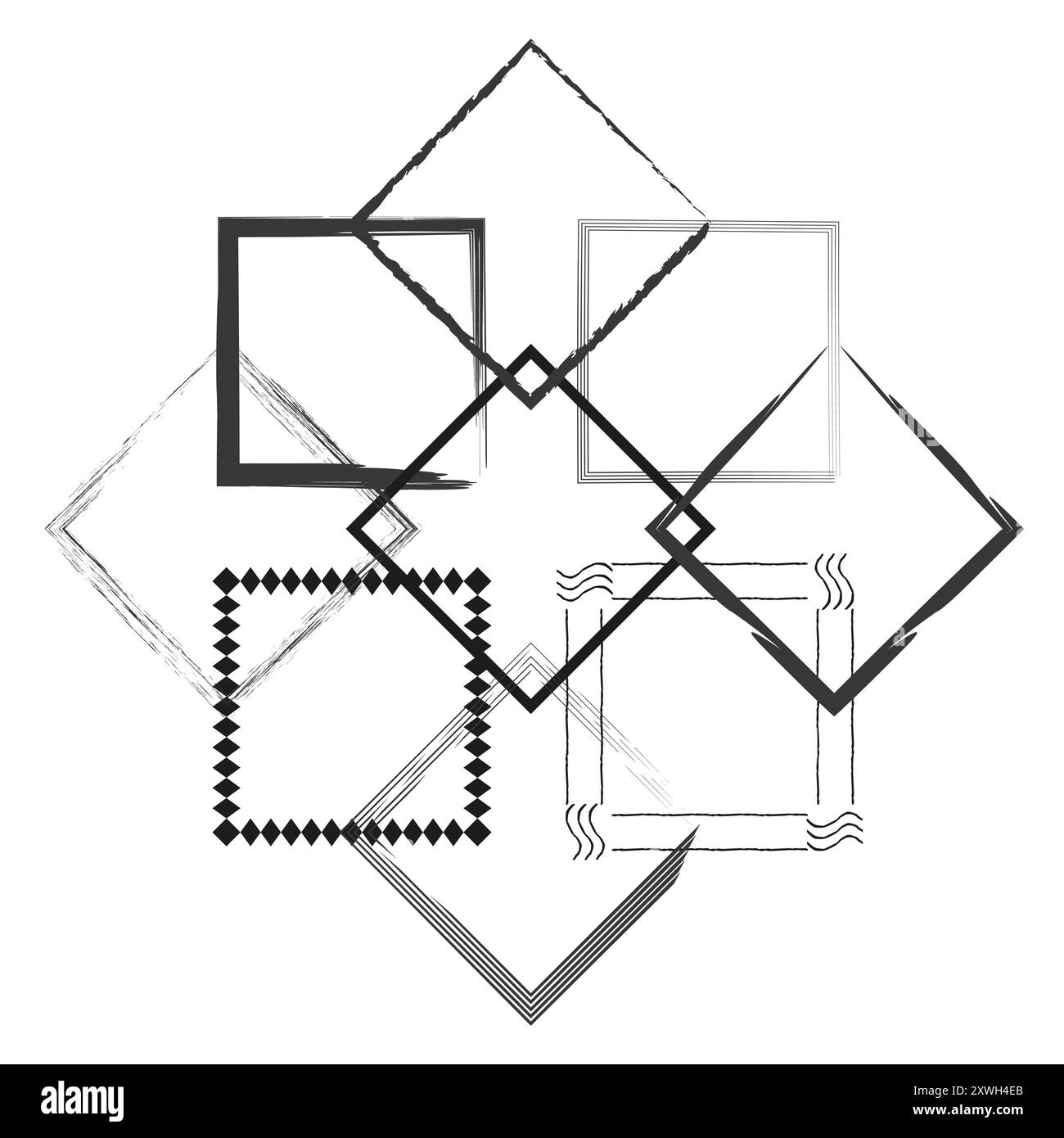 Geometric square frames set. Various abstract square shapes overlap. Rough and clean line styles ...