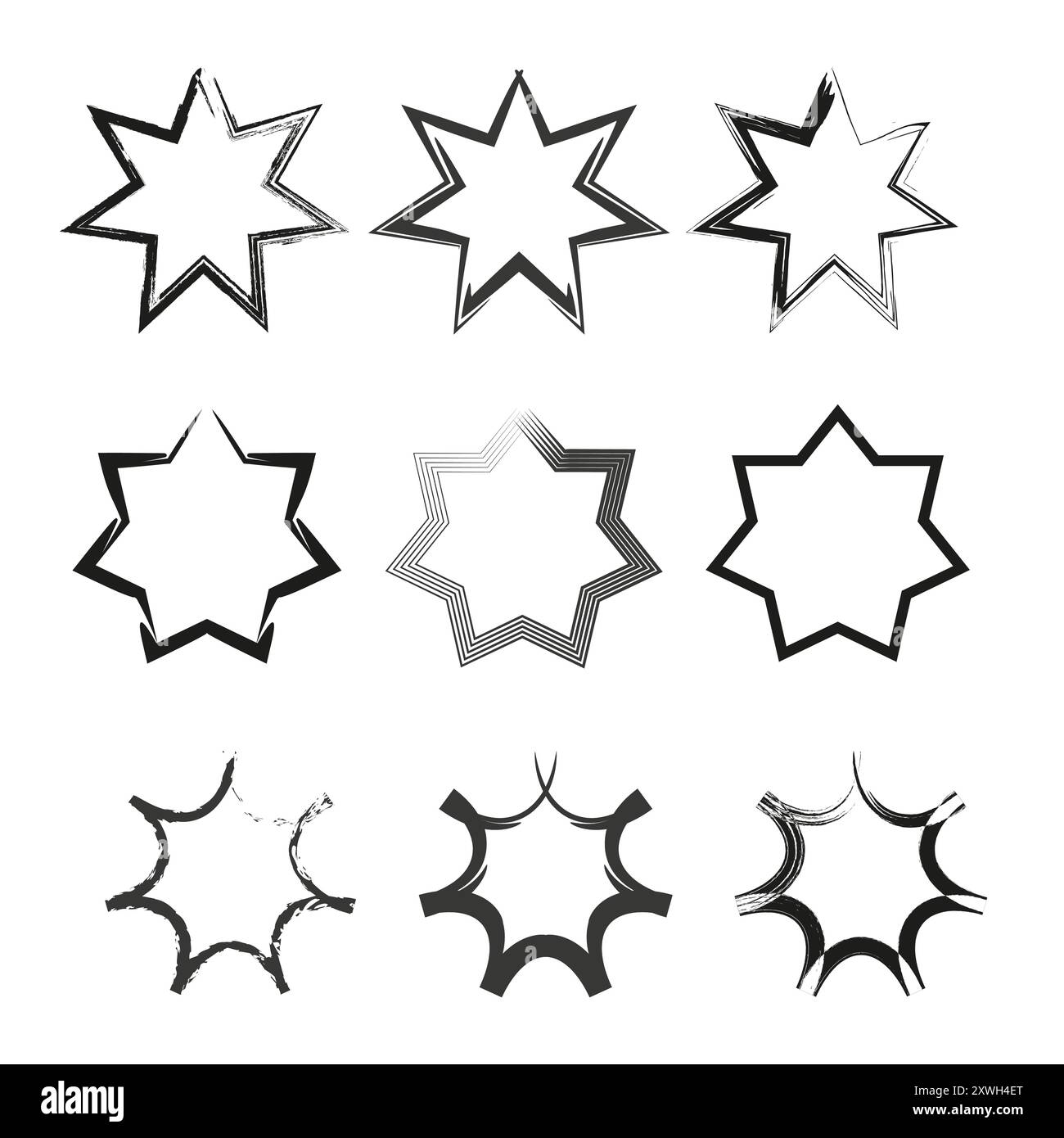 Grunge star icons. Distressed starburst shapes. Abstract eight-pointed ...