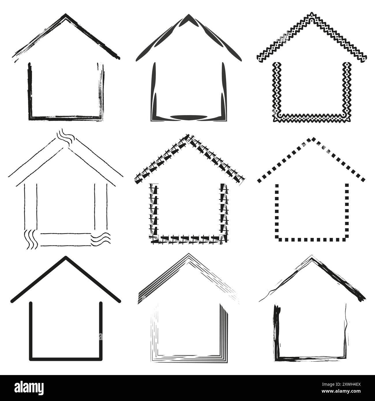 Set of abstract house icons. Various line styles. Black and white ...