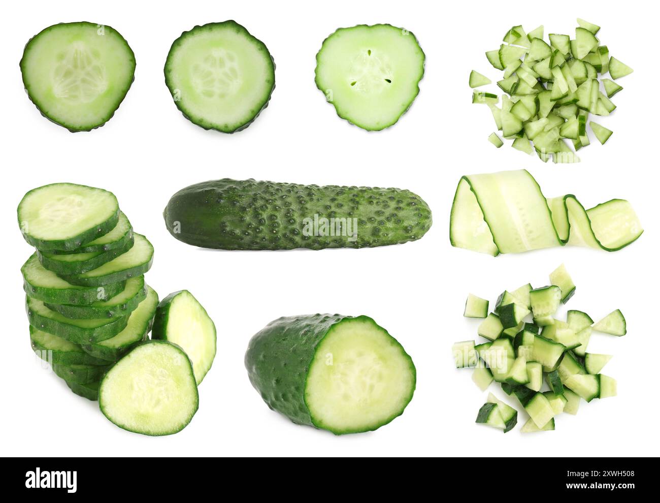 Fresh cucumbers isolated on white, collage. Different types of cuts ...