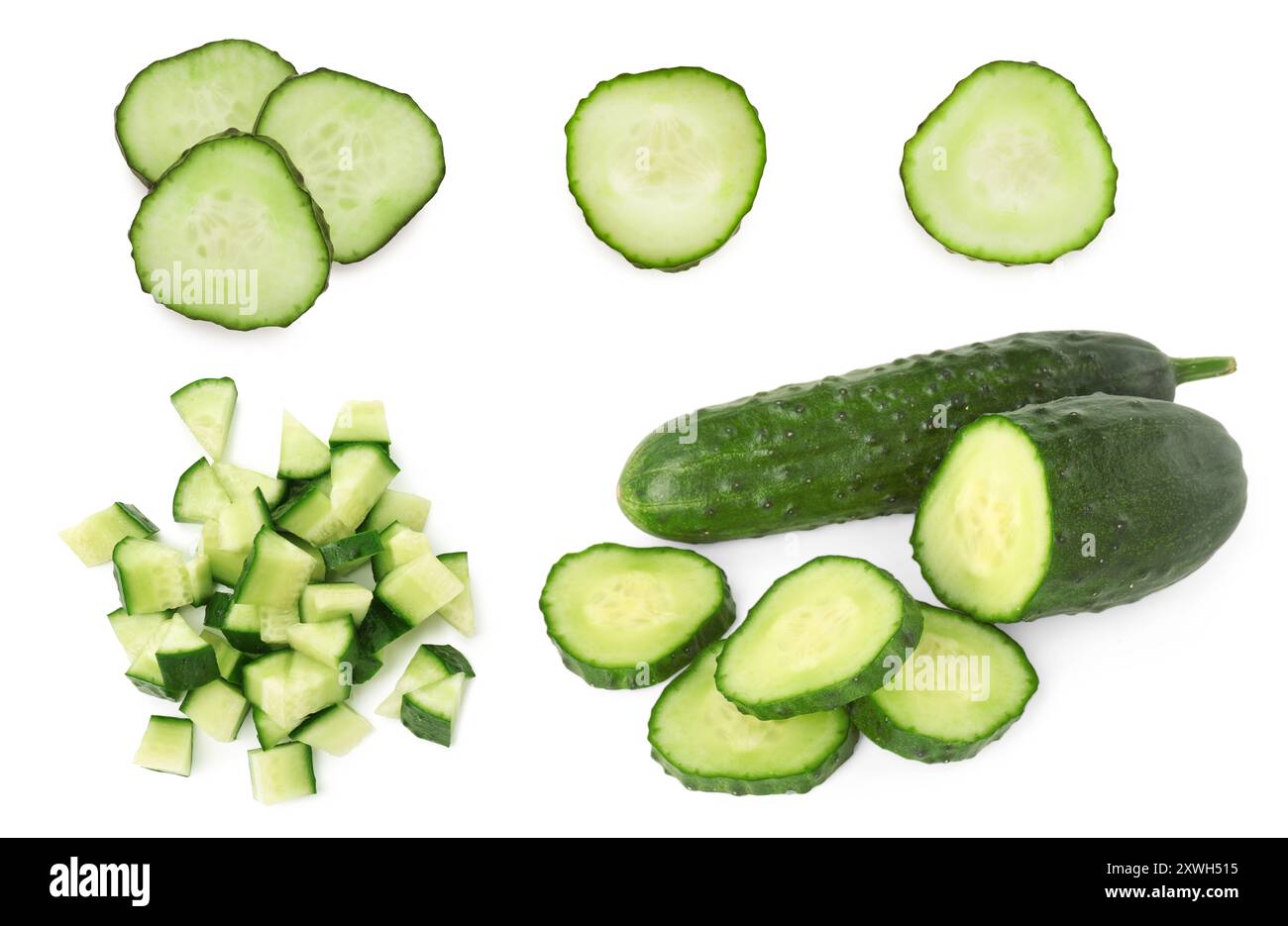 Fresh cucumbers isolated on white, collage. Different types of cuts ...