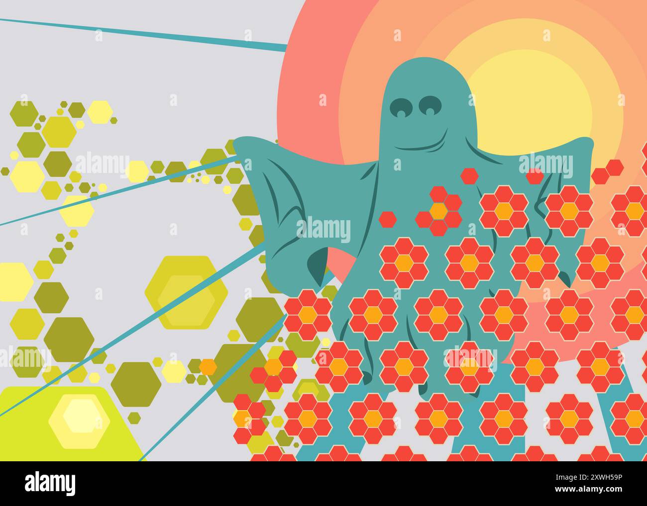 Retro 70s Background with Ghost. Groovy Halloween. 1970s art template ...