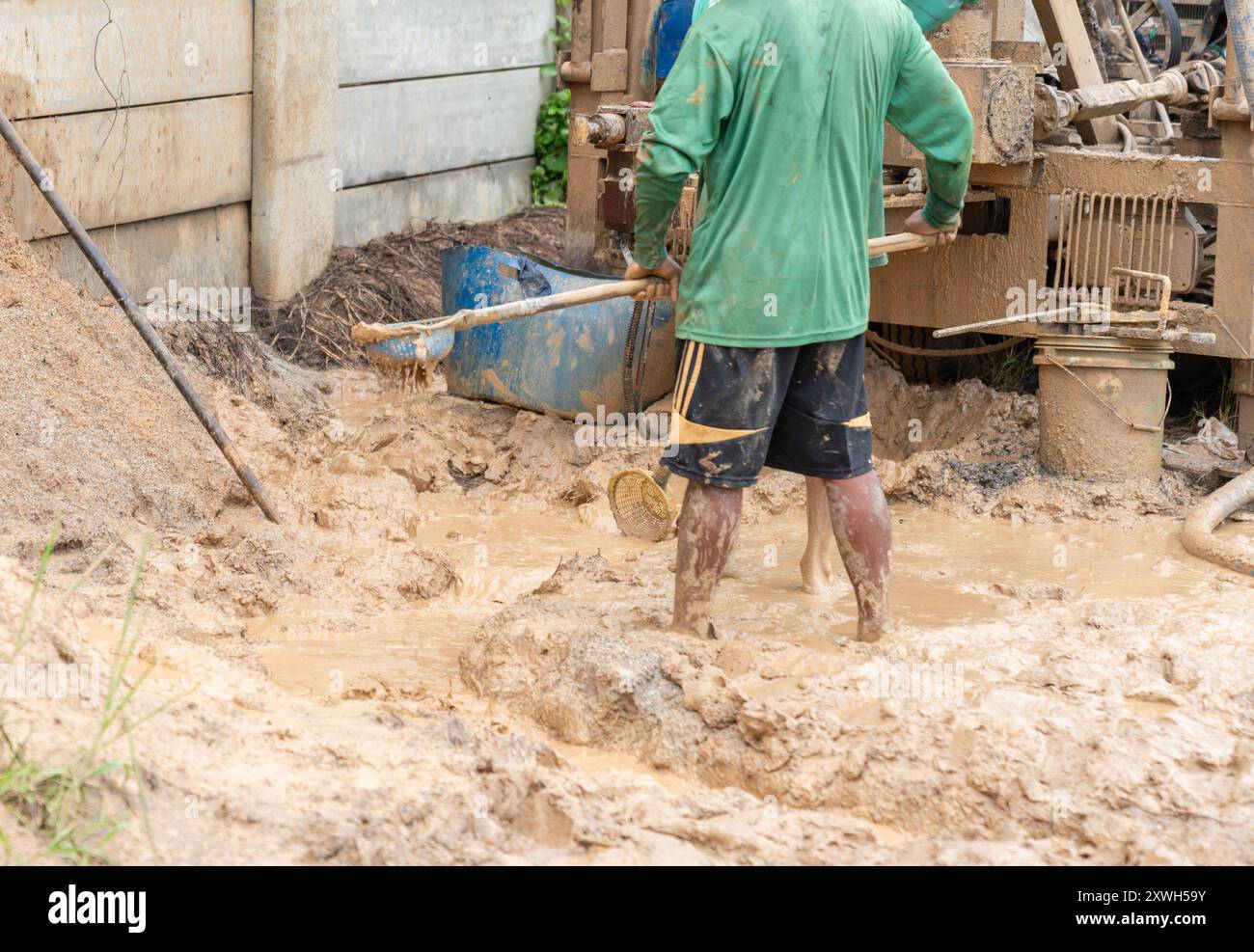 Workers are excavating trenches to facilitate water flow. Drilling an ...