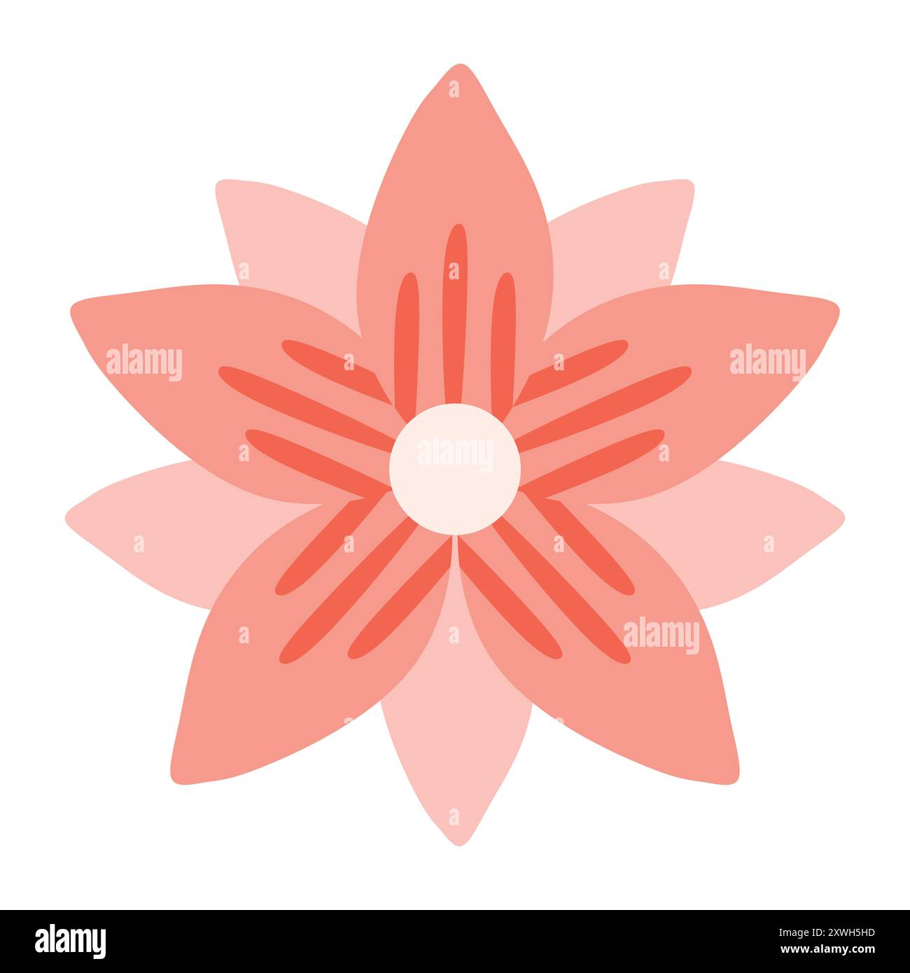 Simple stylized pink flower with six rounded petals and a white dot ...
