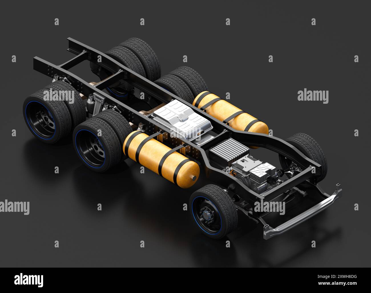 FCV Semi truck chassis on black background. Fuel cell system with fuel ...