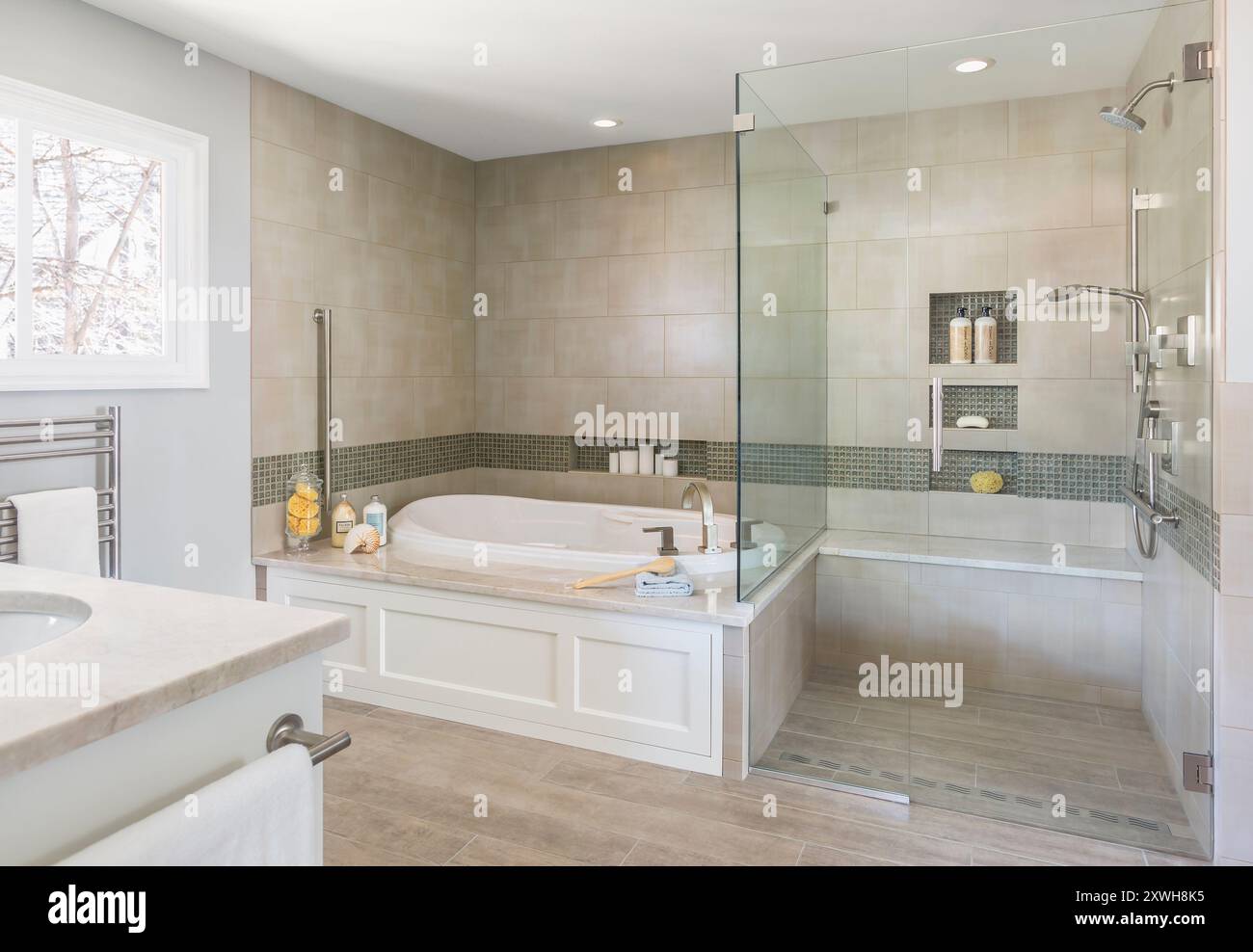 Upscale bathroom with therapeutic tub and large walk-in shower Stock ...