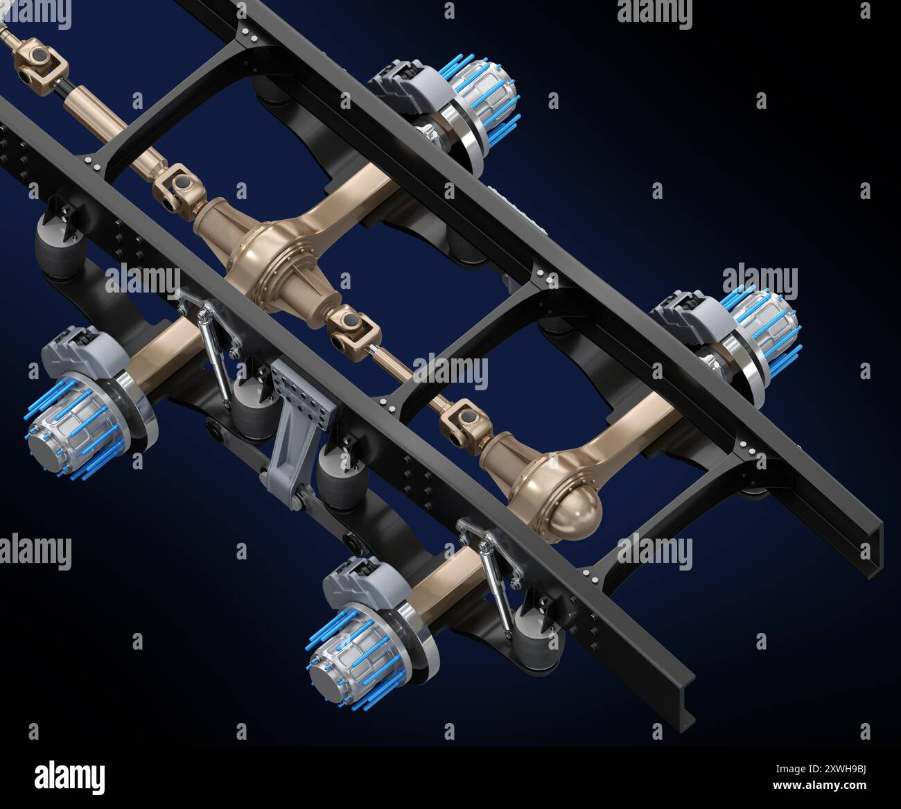 Isometric view of Semi truck frame, axle system on black background ...