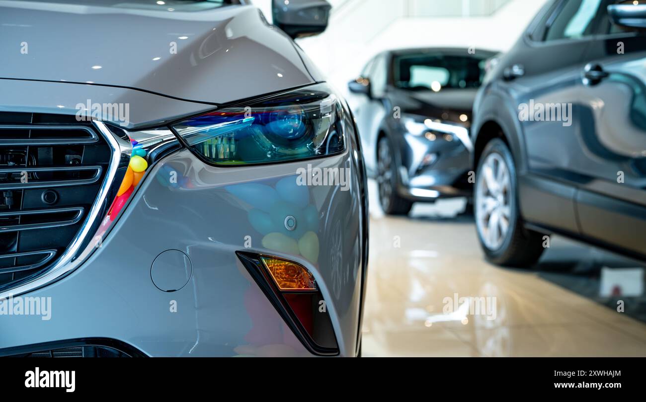 Car parked in luxury showroom. Car dealership office. Car showroom ...