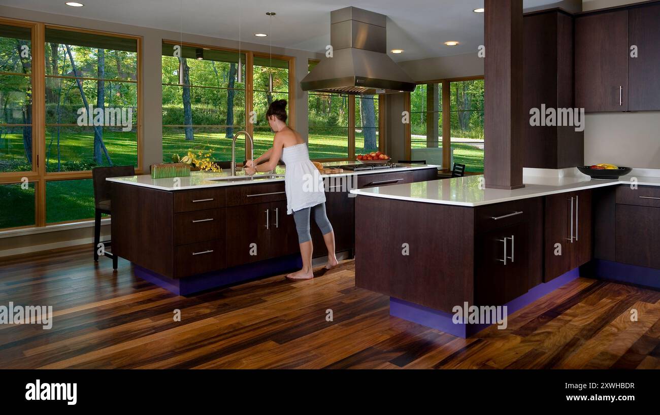 Modern kitchen with dark cabinets and beautiful view of green forest ...