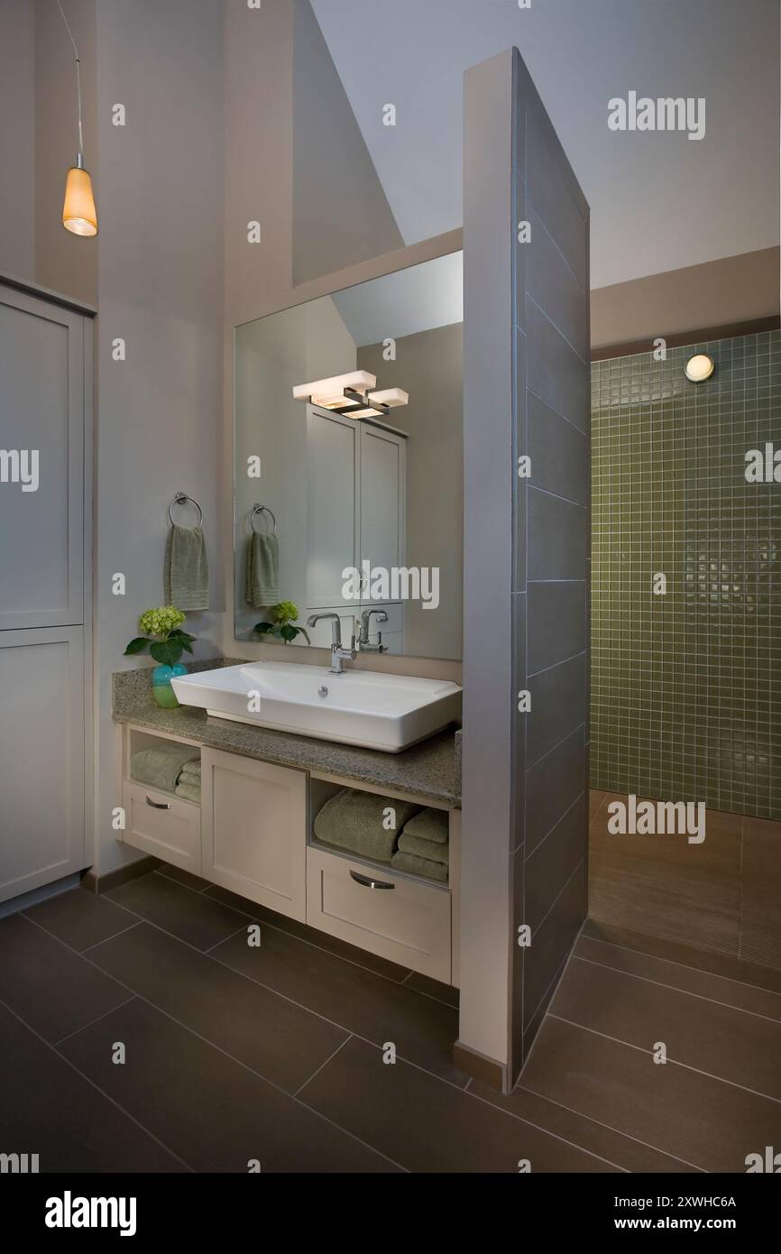 Modern green and beige bathroom with dividing wall between sink area ...