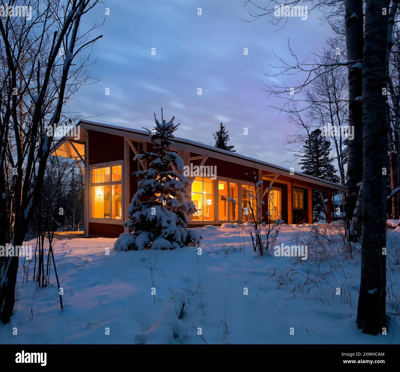 Cabin surrounded by snow and trees with interior lights glowing Stock ...