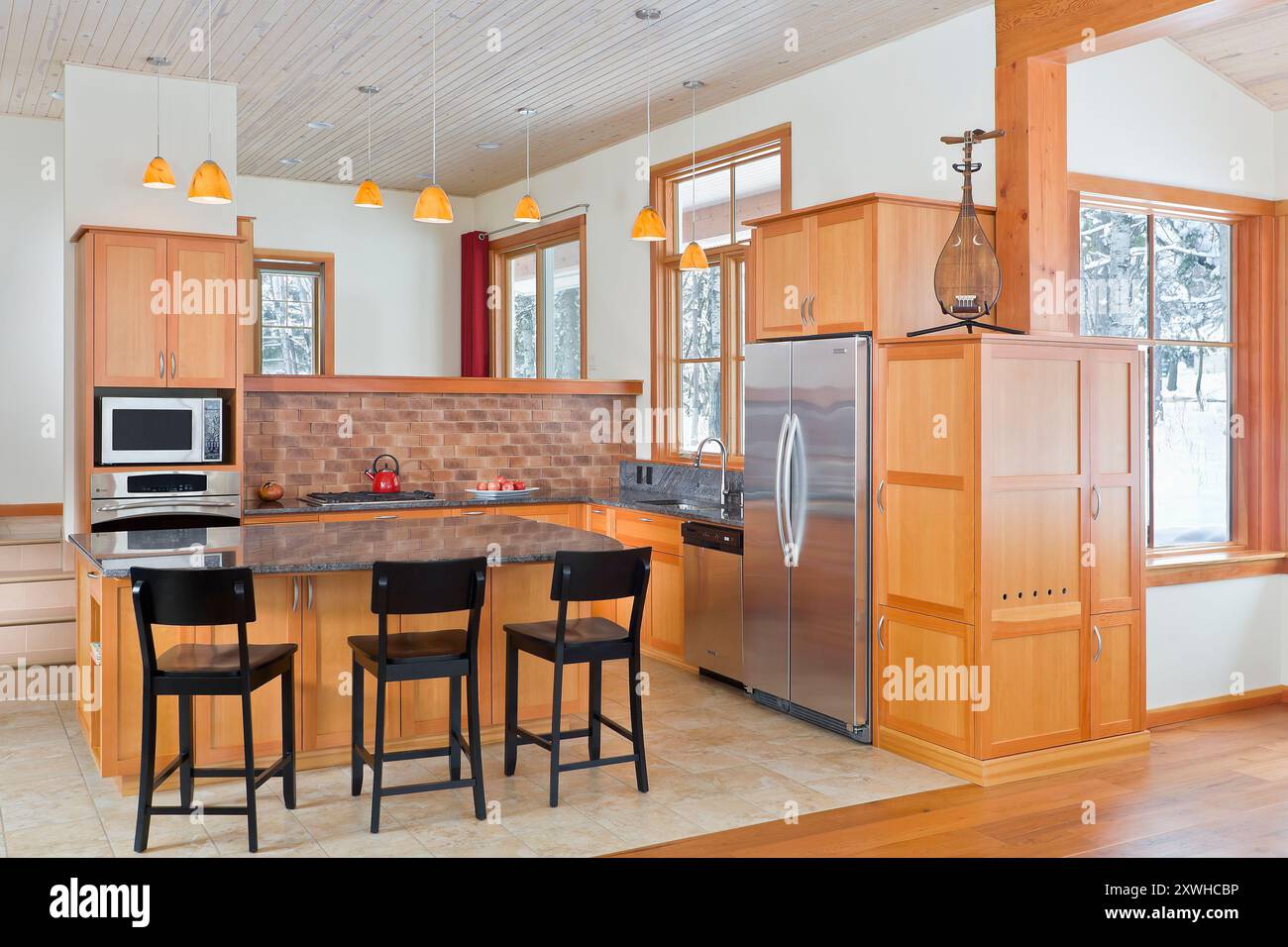 Open kitchen in modern northwoods cabin with beautiful fur woodwork ...