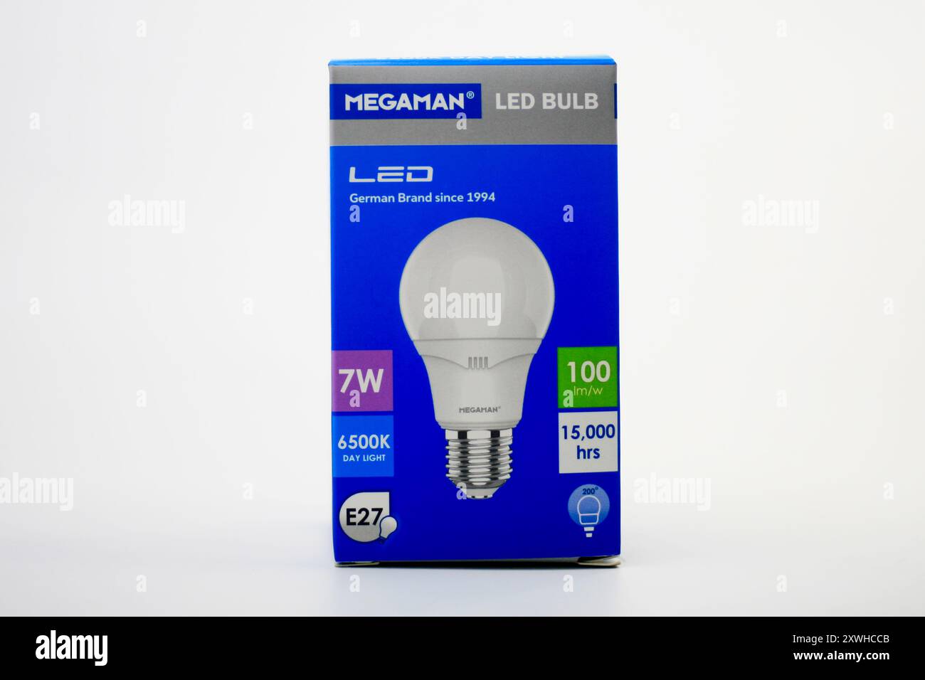 Close up a pack of Megaman LED Bulb 7W isolated on white background ...
