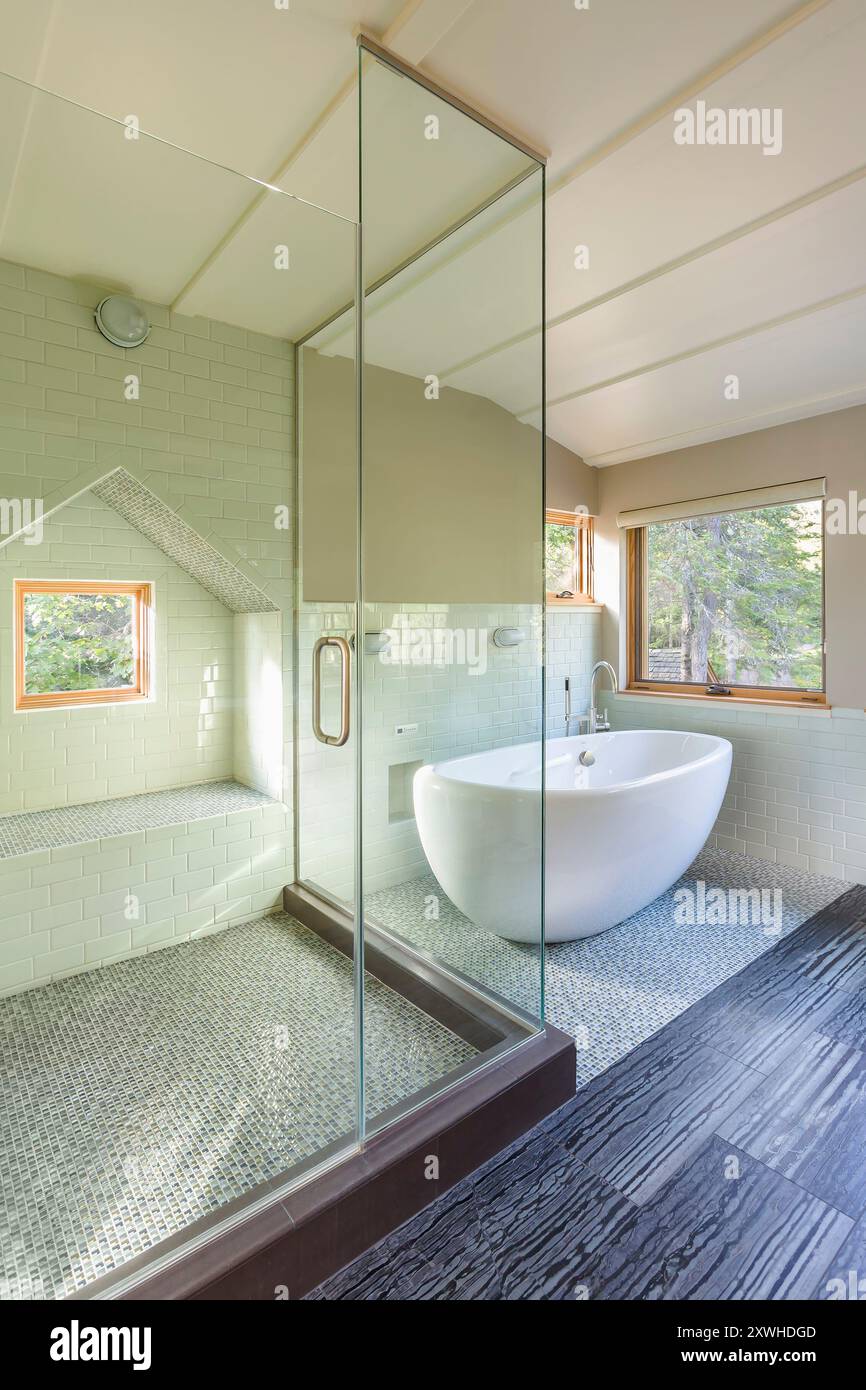 Large soaking tub and walk-in shower in modern upscale bathroom Stock ...