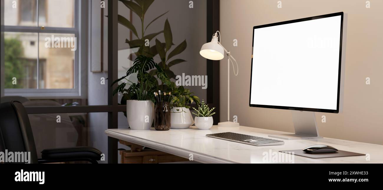 A side view image of a computer with a white-screen mockup, a table ...