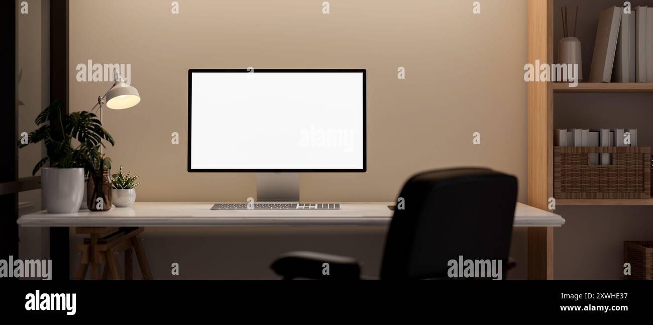 A front view of a computer desk in a contemporary room, a computer with ...