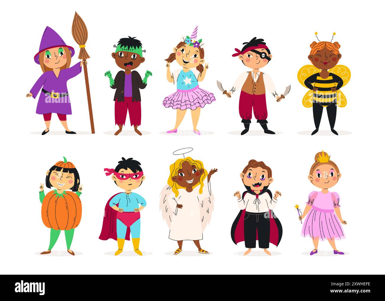 Kids in halloween costumes vector illustration. Funny and cute carnival ...