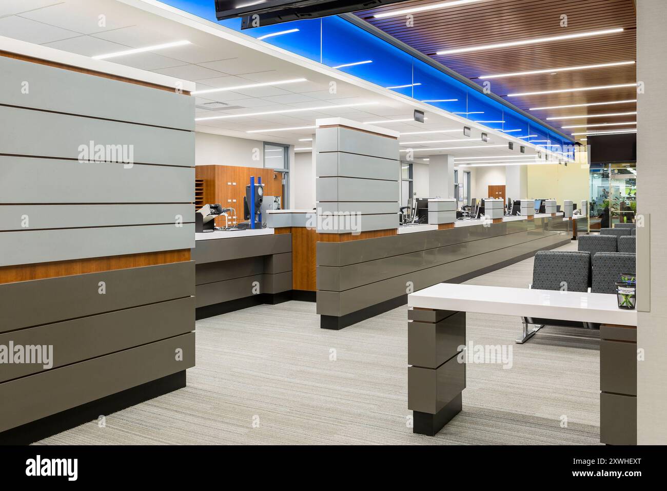 Interior of new county service center showing long counter and seating ...